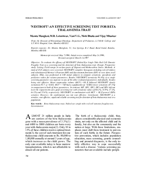(PDF) NESTROFT'--an effective screening test for beta thalassemia trait