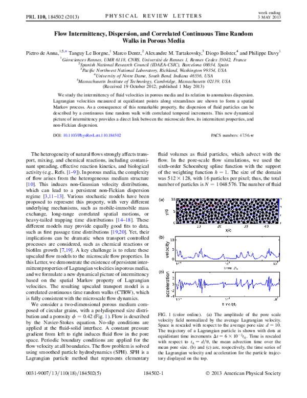Pdf Flow Intermittency Dispersion And Correlated Continuous Time Random Walks In Porous Media