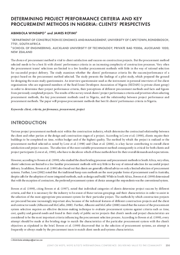 (PDF) Determining project performance criteria and key procurement ...