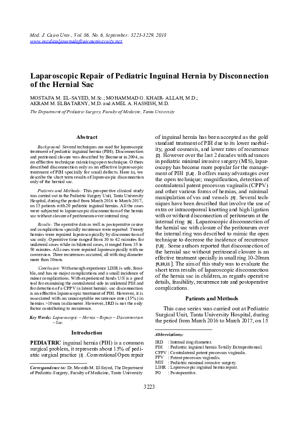 Pdf Laparoscopic Repair Of Pediatric Inguinal Hernia By Disconnection