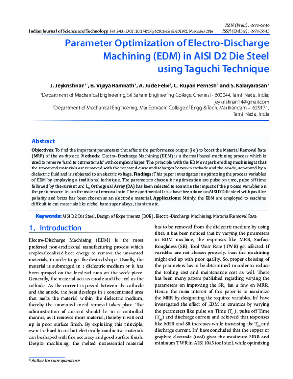 (PDF) Parameter Optimization of Electro-Discharge Machining (EDM) in AISI D2 Die Steel using ...