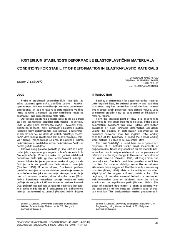 (PDF) Conditions for stability of deformation in elasto-plastic materials