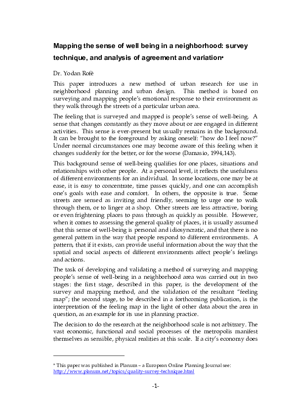 (PDF) Mapping the sense of well being in a neighborhood: survey ...