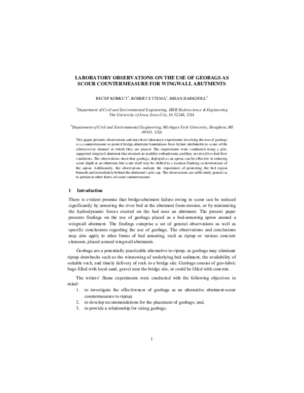 (PDF) Laboratory Observations on the Use of Geobags as Scour ...