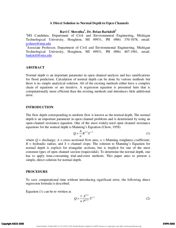 (PDF) A Direct Solution to Normal Depth in Open Channels