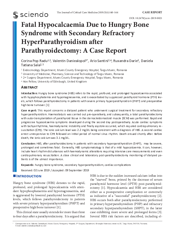 (PDF) Fatal Hypocalcaemia Due to Hungry Bone Syndrome with Secondary ...