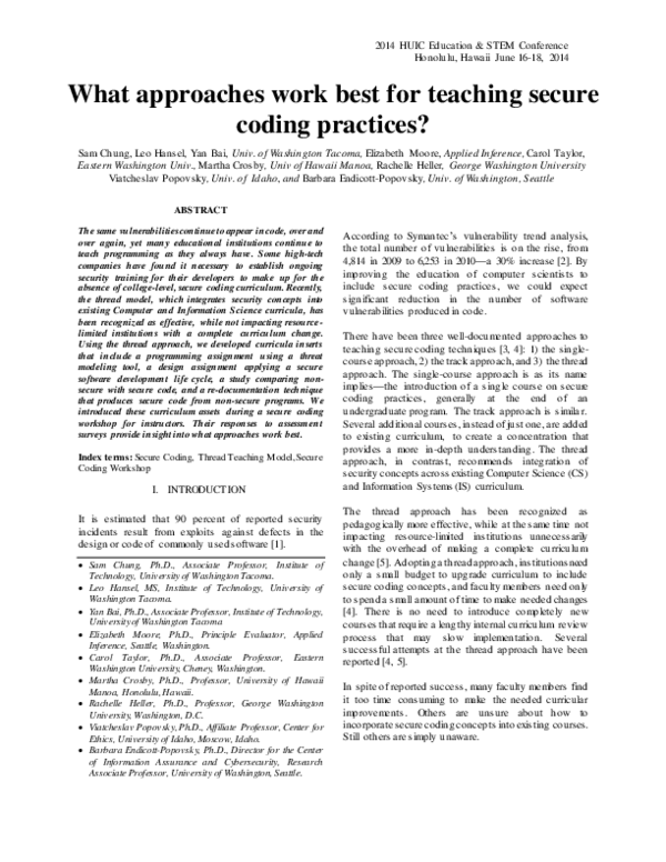 (PDF) What approaches work best for teaching secure coding practices | Barbara Endicott-popovsky ...
