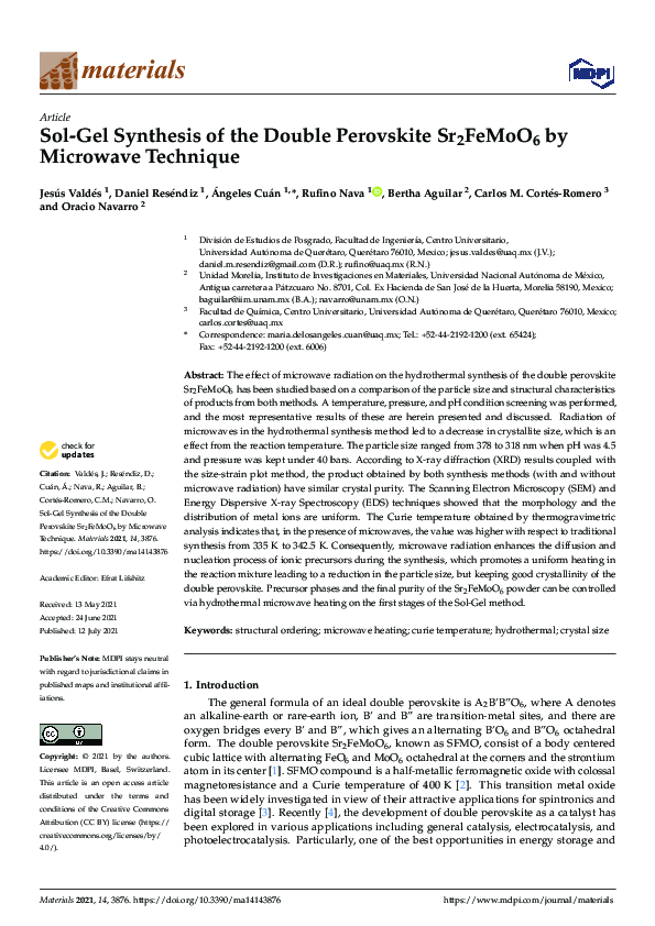 (PDF) Sol-Gel Synthesis of the Double Perovskite Sr2FeMoO6 by Microwave Technique