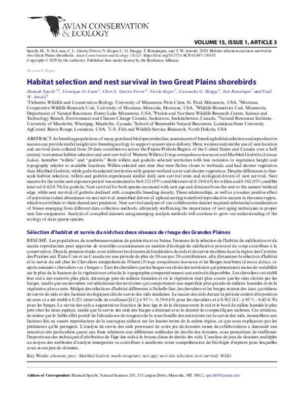 (PDF) Habitat selection and nest survival in two Great Plains shorebirds