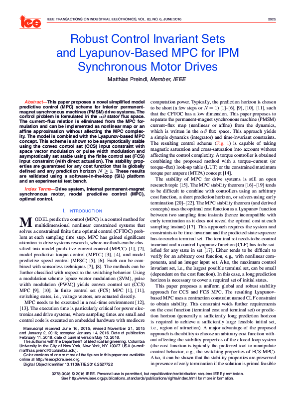 (PDF) Robust Control Invariant Sets and Lyapunov-Based MPC for IPM Synchronous Motor Drives ...