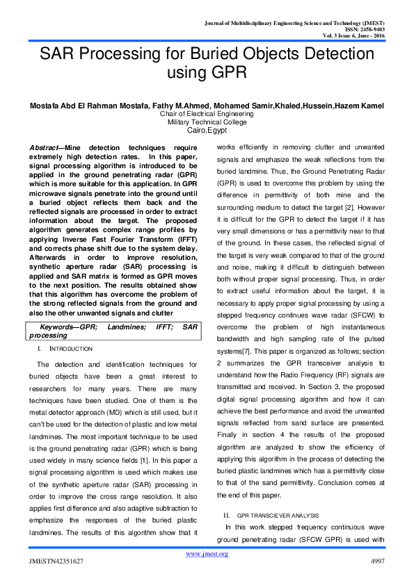 (PDF) SAR Processing for Buried Objects Detection using GPR