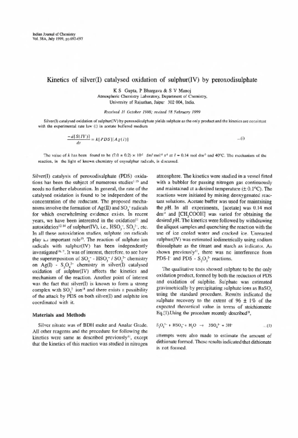 (PDF) Kinetics of silver(I) catalysed oxidation of sulphur(IV) by ...