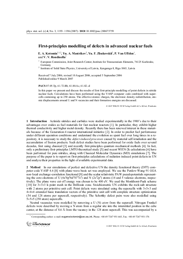 (PDF) First-principles modelling of defects in advanced nuclear fuels