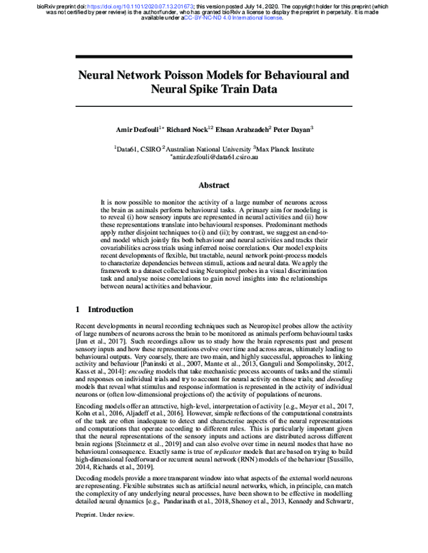 (PDF) Neural Network Poisson Models for Behavioural and Neural Spike Train Data