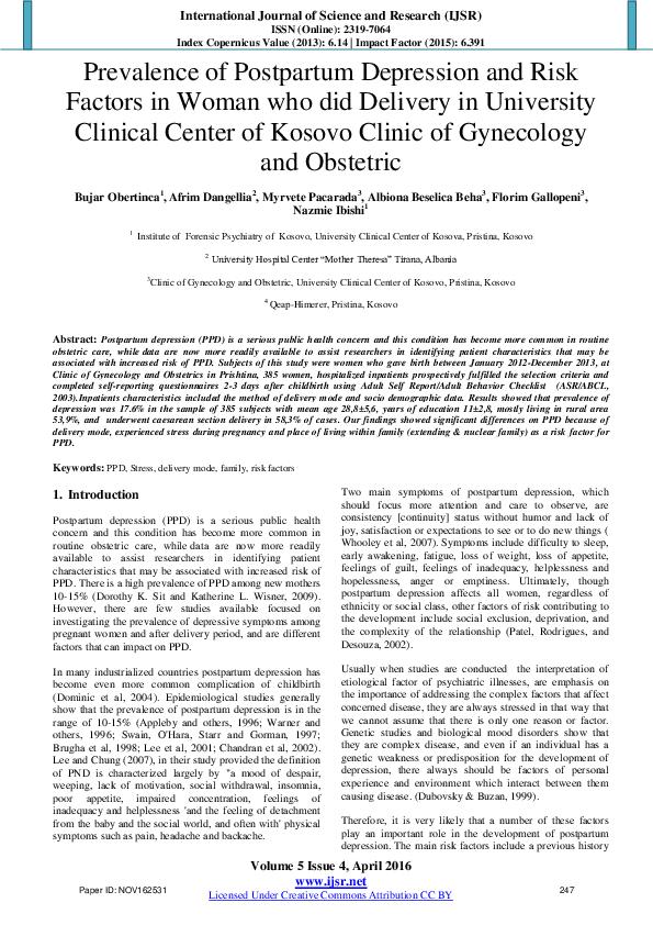 (PDF) Prevalence of Postpartum Depression and Risk Factors in Woman who ...