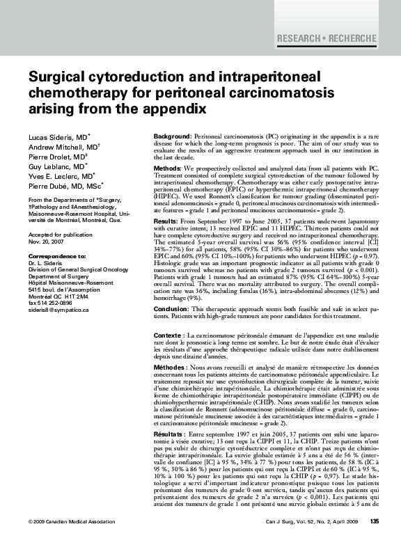 Surgical cytoreduction and intraperitoneal chemotherapy for peritoneal ...