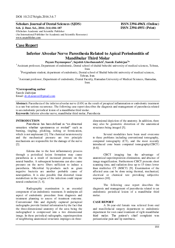 (PDF) Case Report Inferior Alveolar Nerve Paresthesia Related to Apical ...