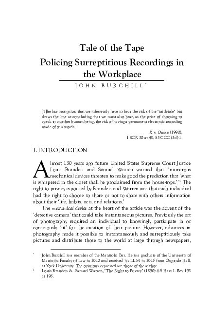 (PDF) Tale of the Tape Policing Surreptitious Recordings in the Workplace