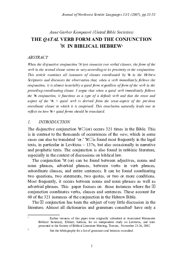 (DOC) The qatal verb form and the conjunction אוֹ in Biblical Hebrew