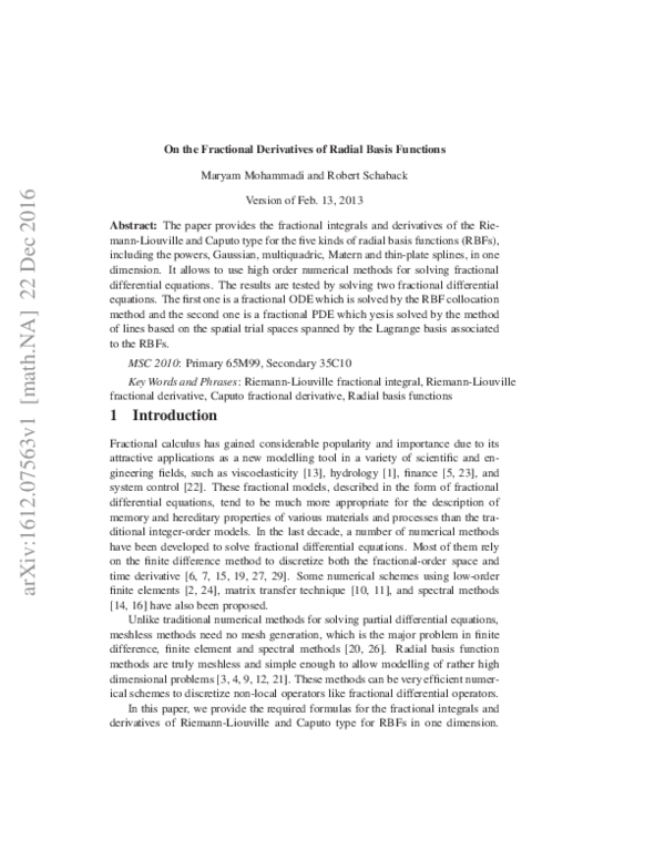 (PDF) On the Fractional Derivatives of Radial Basis Functions