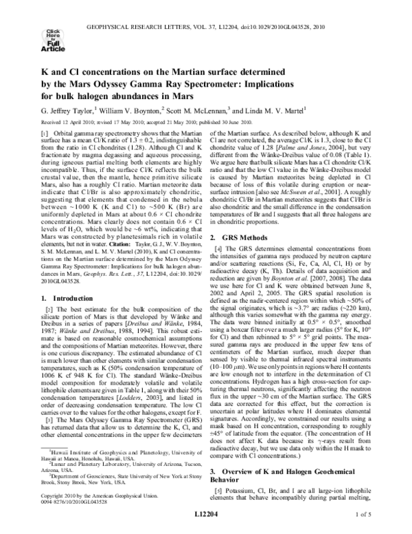 (PDF) K and Cl concentrations on the Martian surface determined by the ...