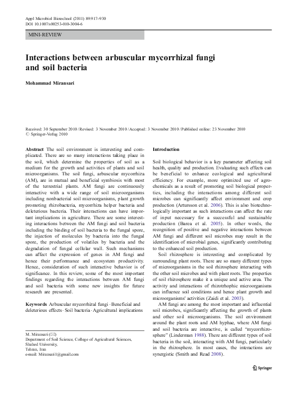 (PDF) Interactions between arbuscular mycorrhizal fungi and soil bacteria
