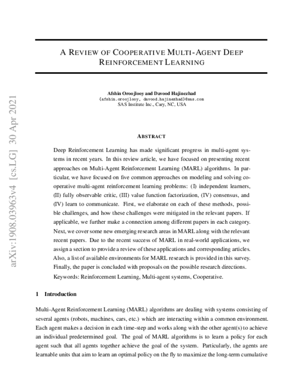 (PDF) A Review of Cooperative Multi-Agent Deep Reinforcement Learning