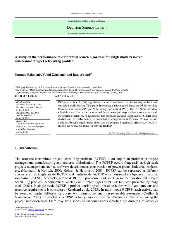 (PDF) A study on the performance of differential search algorithm for single mode resource ...