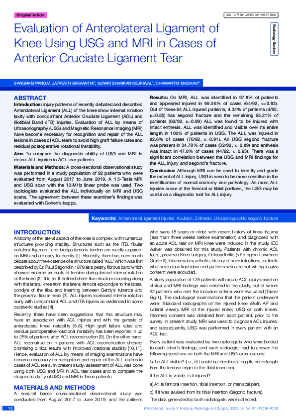 (PDF) Evaluation of Anterolateral Ligament of Knee Using USG and MRI in Cases of Anterior ...
