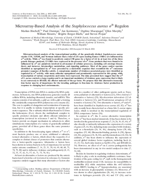 Pdf Microarray Based Analysis Of The Staphylococcus Aureus σb Regulon