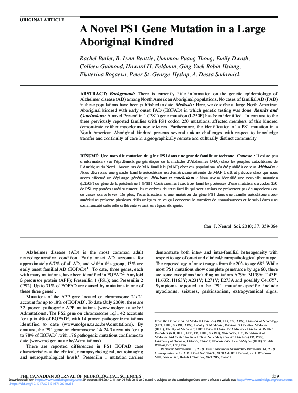 (PDF) PS1 Gene Mutation in North American Aboriginal Family