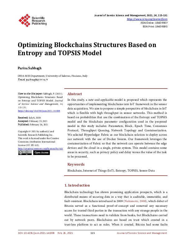 Pdf Optimizing Blockchains Structures Based On Entropy And Topsis Model