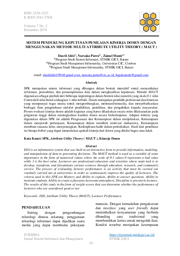 Pdf Sistem Pendukung Keputusan Penilaian Kinerja Dosen Dengan Menggunakan Metode Multi