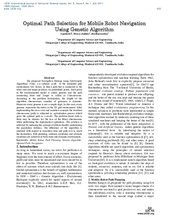Pdf Optimal Path Selection For Mobile Robot Navigation Using Genetic