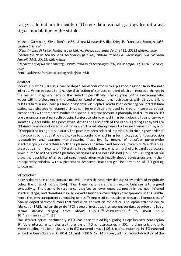 (PDF) Large Scale Indium Tin Oxide (ITO) One Dimensional Gratings for ...
