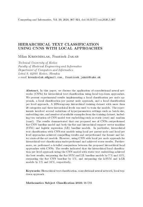 Pdf Hierarchical Text Classification Using Cnns With Local Approaches Frantisek Jakab