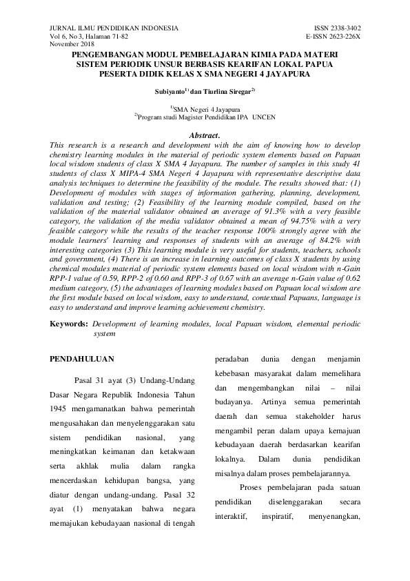 (PDF) Pengembangan Modul Pembelajaran Kimia Pada Materi Sistem Periodik Unsur Berbasis Kearifan ...