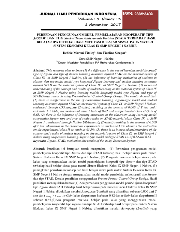 (PDF) PERBEDAAN PENGGUNAAN MODEL PEMBELAJARAN KOOPERATIF TIPE JIGSAW DAN TIPE Student Team ...