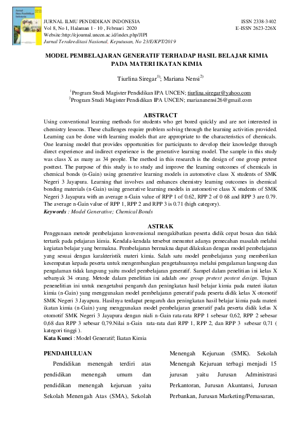 (PDF) Model Pembelajaran Generatif Terhadap Hasil Belajar Kimia Pada ...