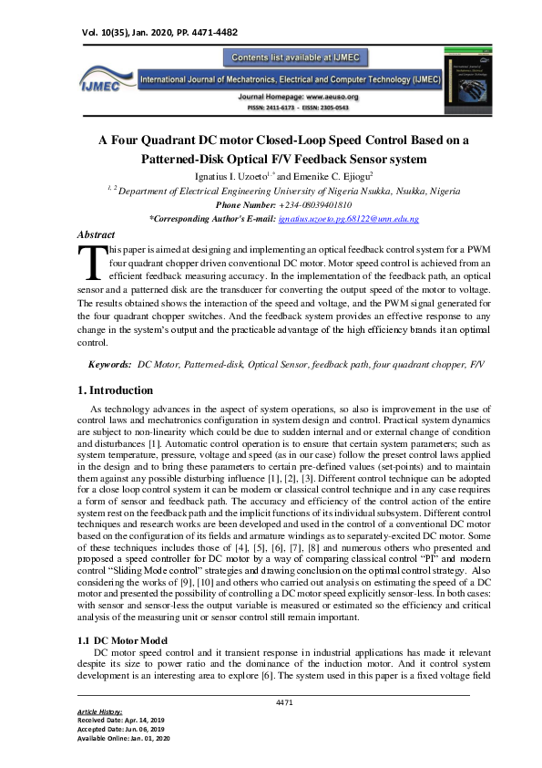 Pdf A Four Quadrant Dc Motor Closed Loop Speed Control Based On A