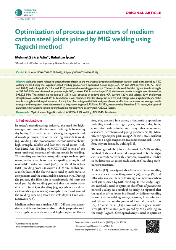 (PDF) Optimization of process parameters of medium carbon steel joints joined by MIG welding ...