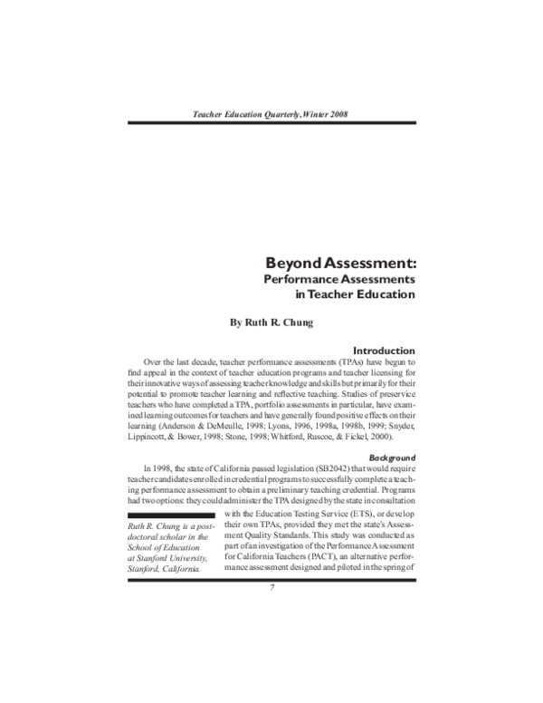 (PDF) Beyond assessment: Performance assessments in teacher education