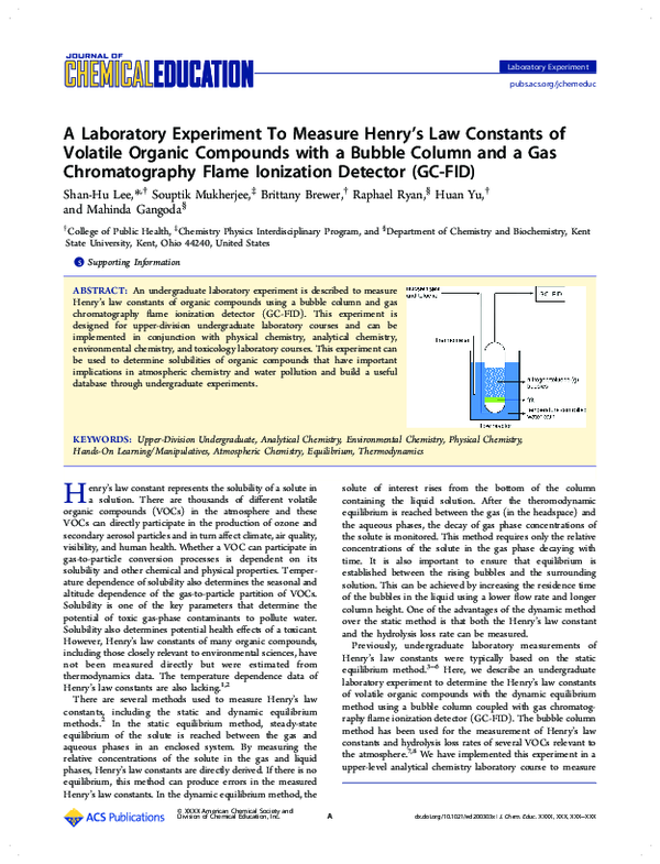 (PDF) A Laboratory Experiment To Measure Henry’s Law Constants of ...