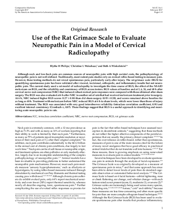 (PDF) Use of the Rat Grimace Scale to Evaluate Neuropathic Pain in a ...