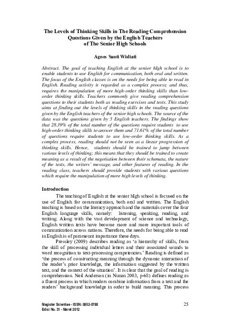 (PDF) The Levels of Thinking Skills in The Reading Comprehension ...