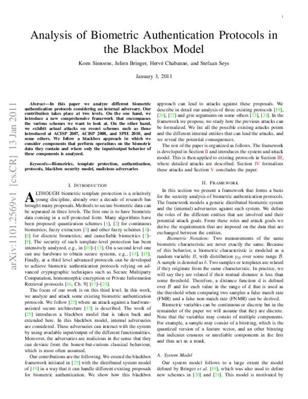 (PDF) 1 Analysis of Biometric Authentication Protocols in the Blackbox Model
