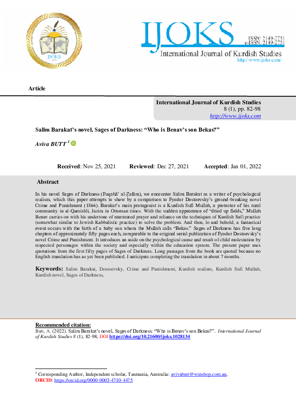 (PDF) Salim Barakat’s novel, Sages of Darkness: “Who is Benav’s son Bekas?”