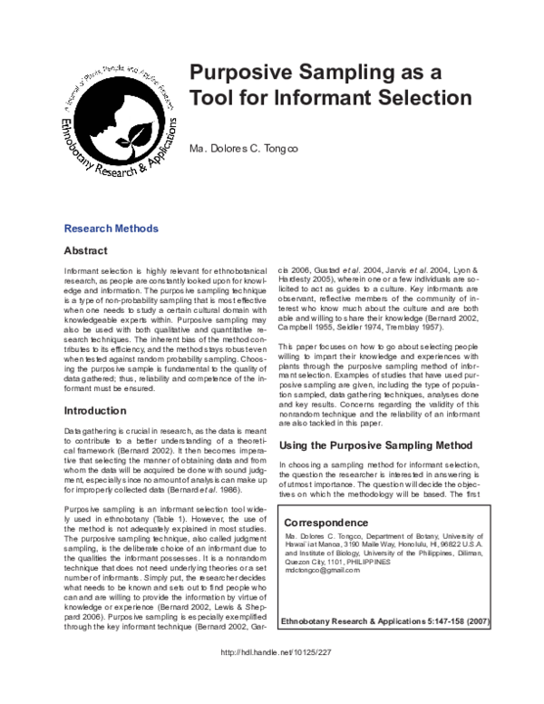 (PDF) Purposive Sampling as a Tool for Informant Selection