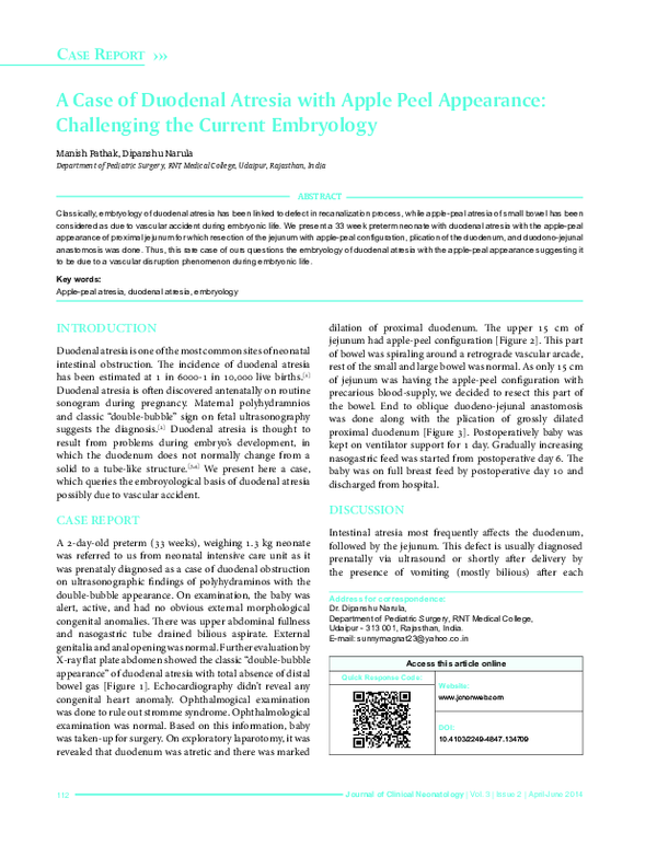 (PDF) A case of duodenal atresia with apple peel appearance ...