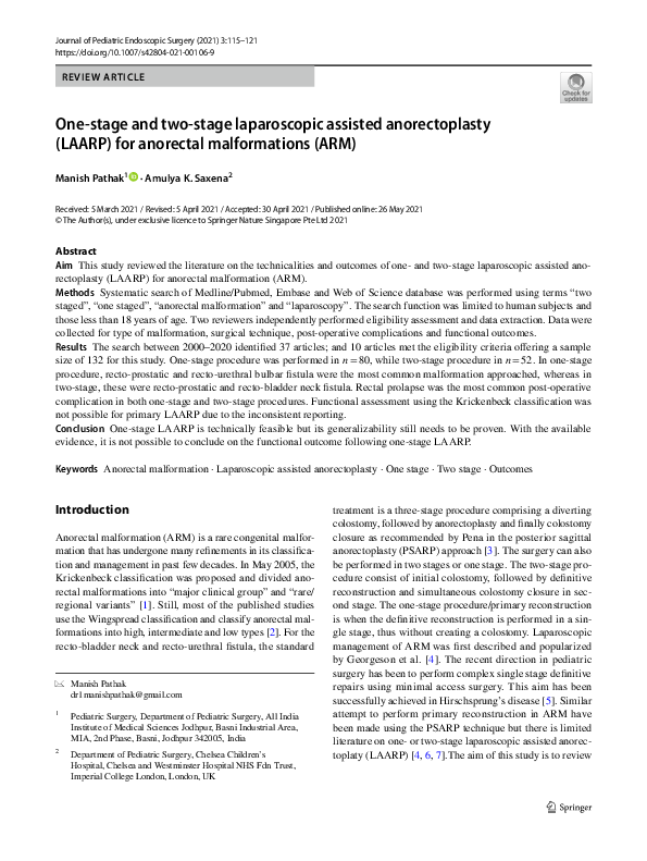 (PDF) One-stage and two-stage laparoscopic assisted anorectoplasty ...